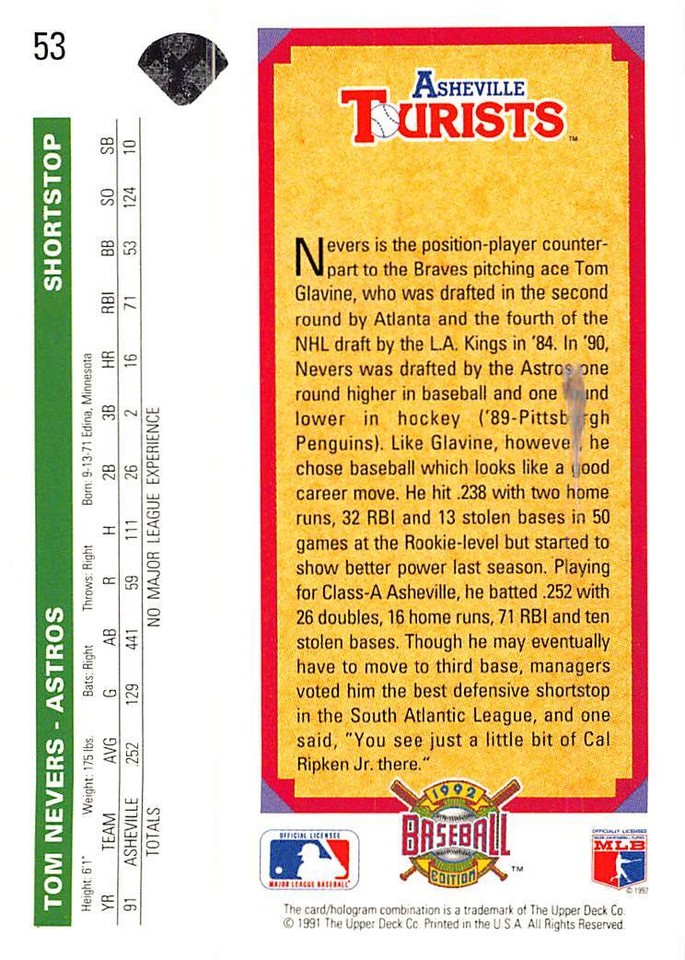 Tom Nevers 1992 Upper Deck 53 Houston Astros BASEBALL Card | eBay