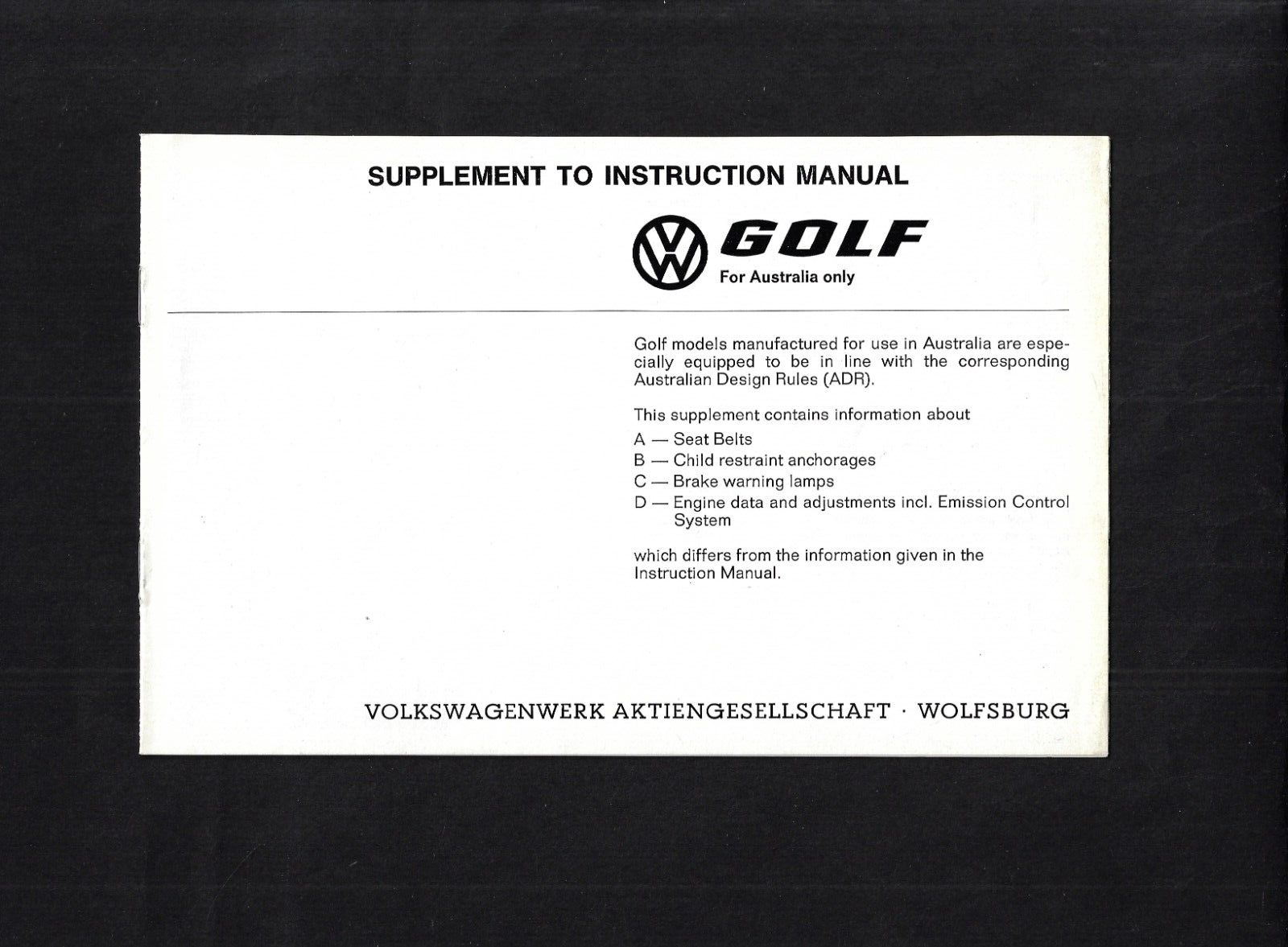 VW VOLKSWAGEN GOLF INSTRUCTION MANUAL AUGUST 1978 PLUS AUSTRALIAN ...