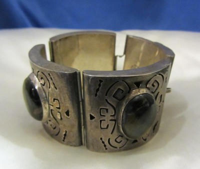 Sterling Silver Cuff Bracelet - Pierced/Shadow Box w/ Moonstones Signed ...