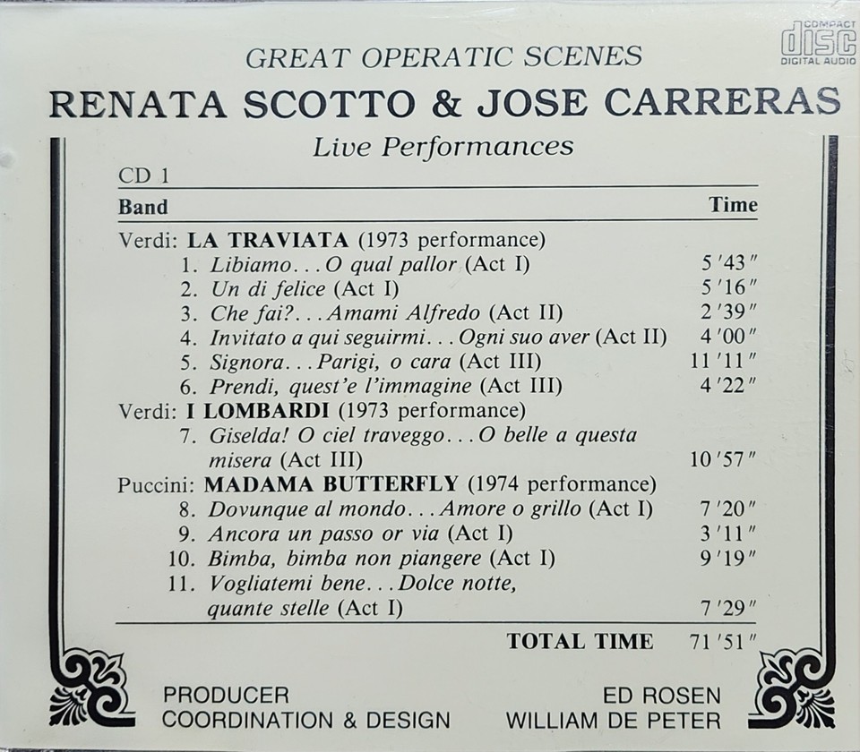 Renata Scott & Jose Carreras Great Operatic Scenes CD Traviata/Madama ...