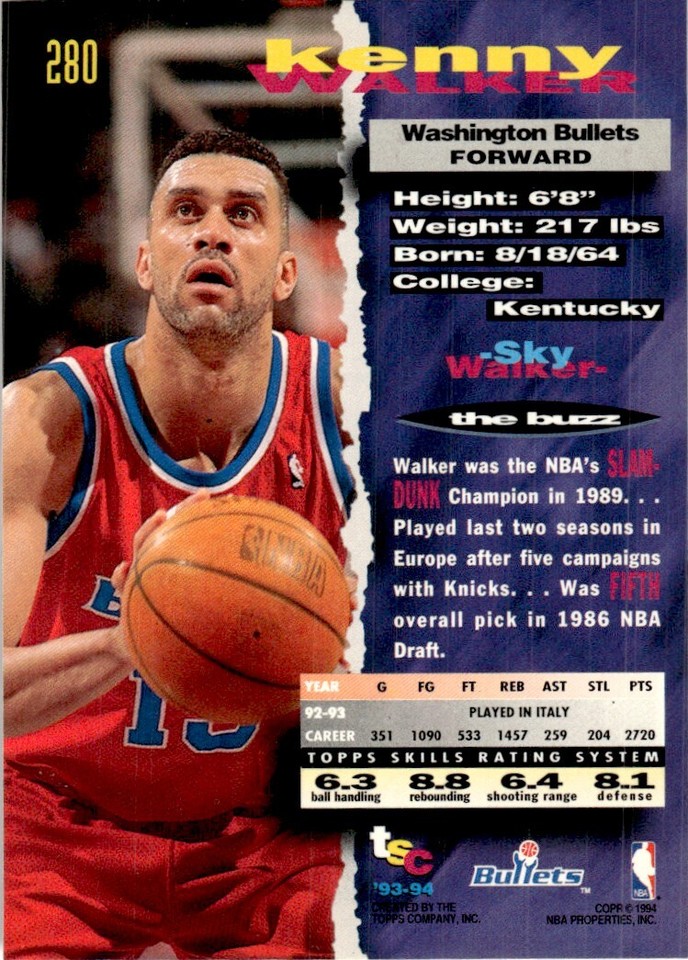 1993-94 Stadium Club Basketball Card Kenny Walker Washington Bullets ...