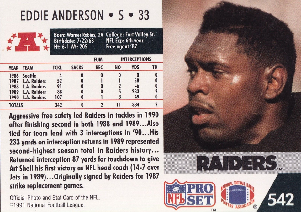 1991 Pro Set #542 Eddie Anderson NFL Oakland Raiders +(Yes 3 Free ...