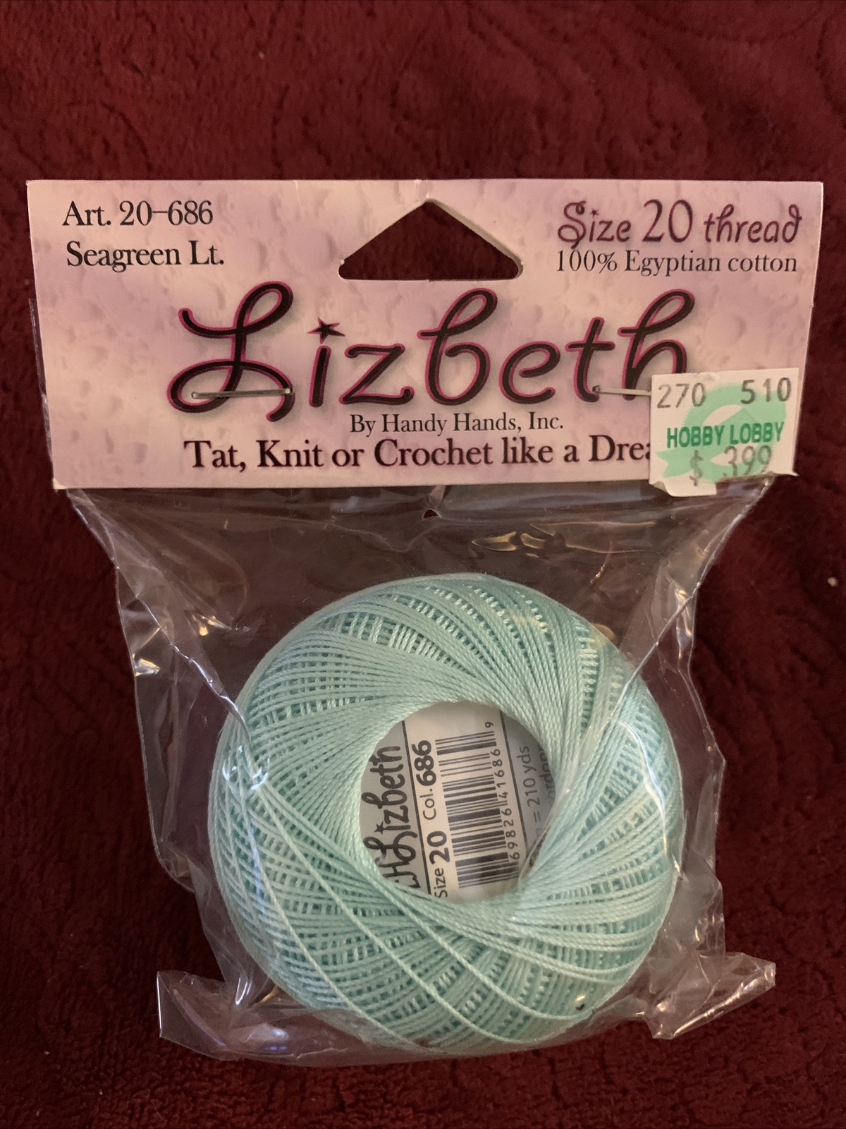 Lizbeth Egyptian Cotton Crochet Thread Size 20 Color 686 Light Seagreen ...