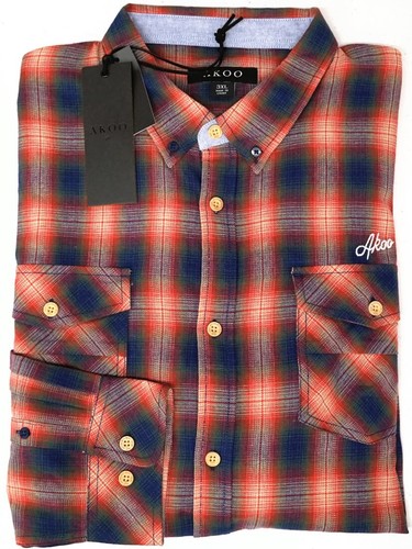 AKOO Red Navy Blue Plaid Shirt Mens Long Sleeve 791-0607 Trap Woven $89 ...