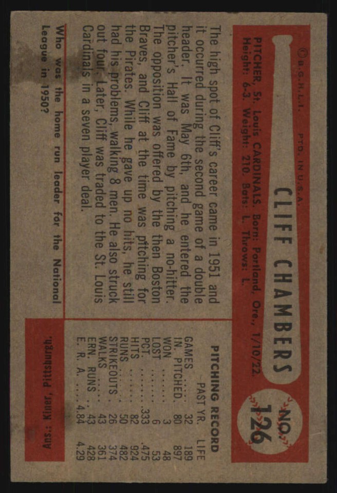 1954 Bowman #126 Cliff Chambers EX/EX+ Cardinals 567286 | eBay