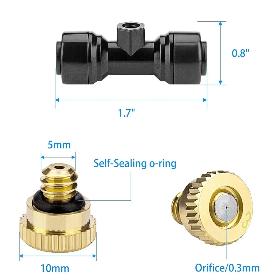 20 Pack Brass Mister Nozzles with 20 Pack Misting Nozzle Tees with 2 ...