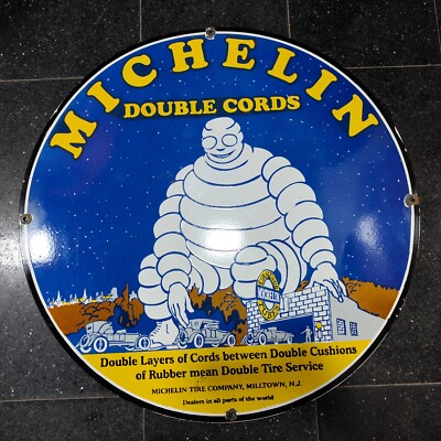 MICHELIN DOUBLE CARDS PORCELAIN ENAMEL SIGN 30 INCHES ROUND | eBay