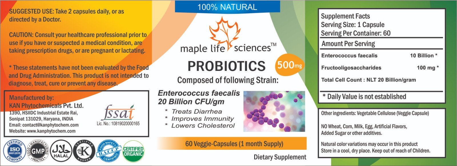 Probiotic blend of Enterococcus Faecalis 20 Billion CFU/GRAM Capsules ...