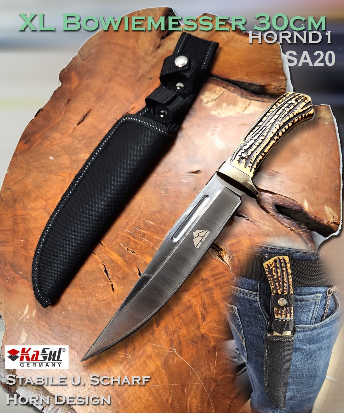KaSul®|XL Survivor Messer 30cm HORN SA20 Design Jagdmesser Bowie Knife ...