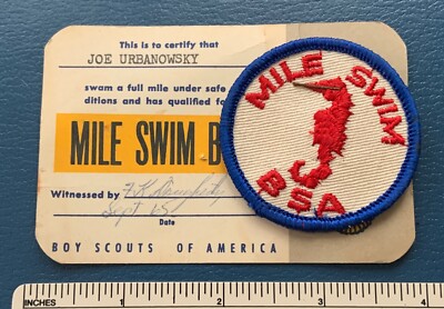Vintage 1960s MILE SWIM Boy Scout Swimmer Award PATCH & CARD BSA Emblem ...