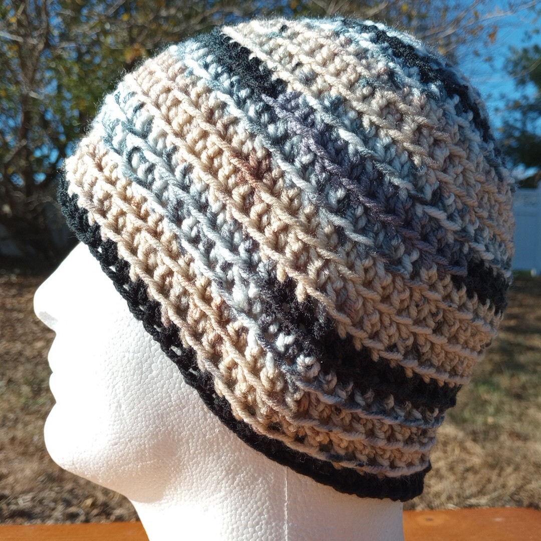Men's Head Hugger Beanie Hat Handmade Naturals Striped Crochet Fishing ...