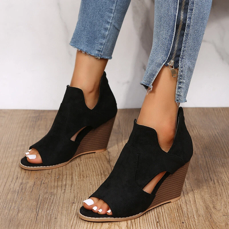 Black Wedge Booties Open Toe