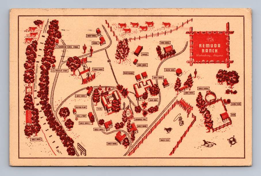 Remuda Ranch WICKENBURG Arizona Vintage Advertising Map Postcard 1947 ...
