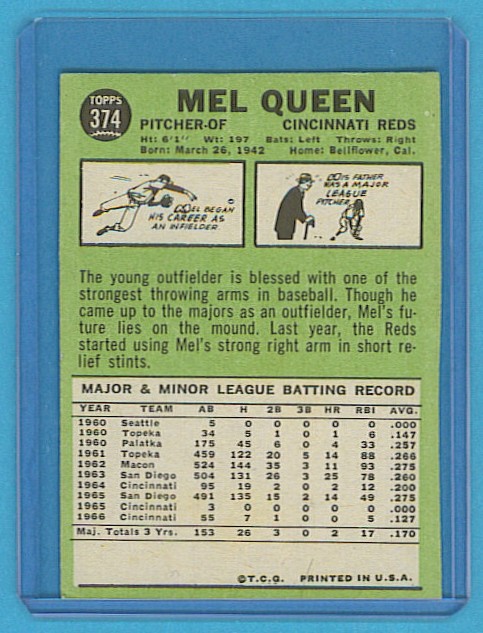 1967 Topps Baseball Card #374 Mel Queen (Cincinnati Reds) VG/EX AJ00532 ...