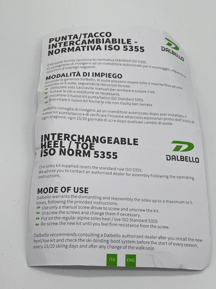 Dalbello Interchangeable Heel/Toe ISO Norm 5355 Ski Boot Sole Kit Set ...