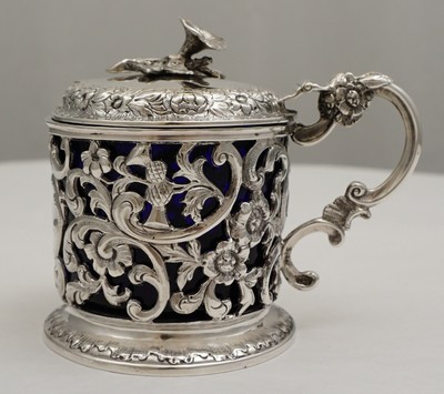 Mustard Pots - Silver Mustard Pots With Blue Glass