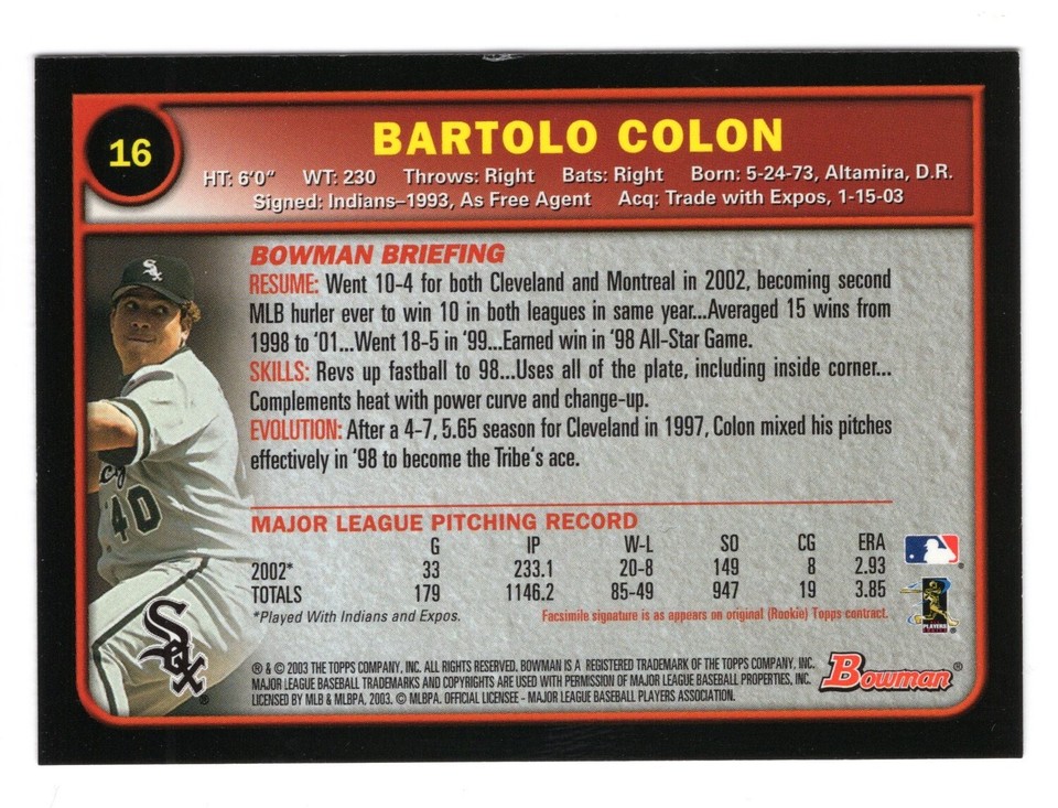 2003 BOWMAN BARTOLO COLON CARD #16 **NM-MT** CHICAGO WHITE SOX | eBay