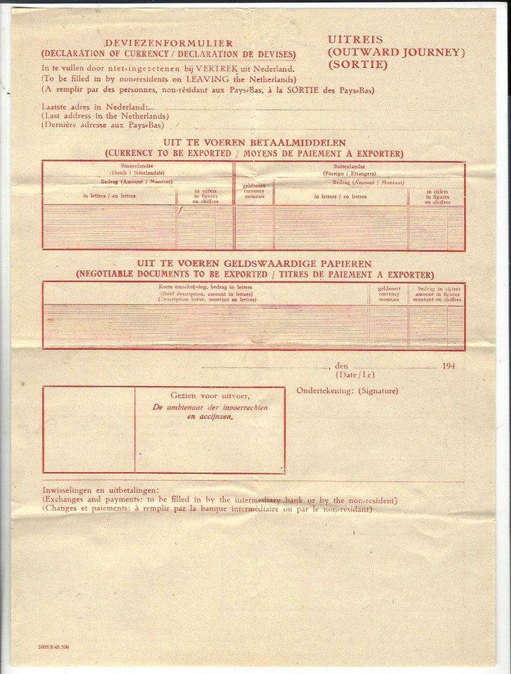 1940's Currency Declaration Customs Form Entry/ Exit ,Netherlands ...
