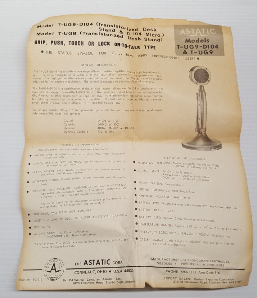 Vintage Astatic 4 Pin D-104 Microphone/Desk Mic w/ Box and Papers | eBay