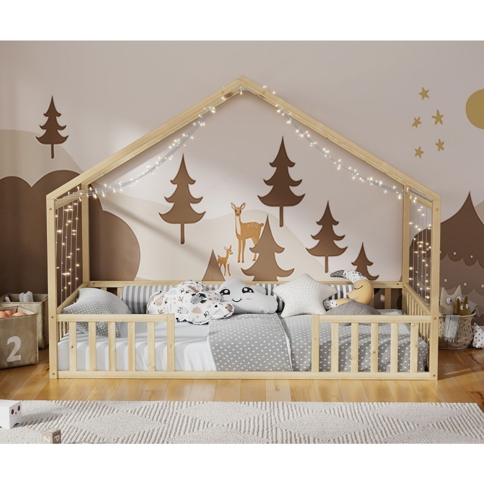 Oikiture Wooden Kids Bed Frame King Single House Beds Timber No Slats ...
