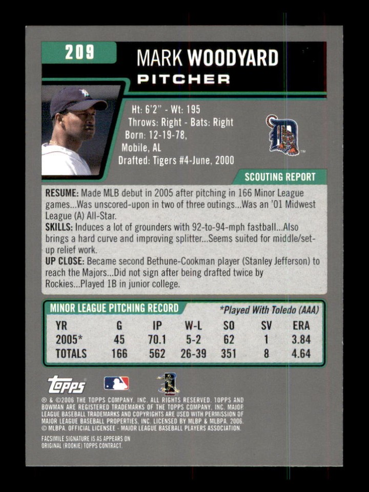 2006 Baseball Bowman Mark Woodyard Detroit Tigers #209 Gold RC | eBay