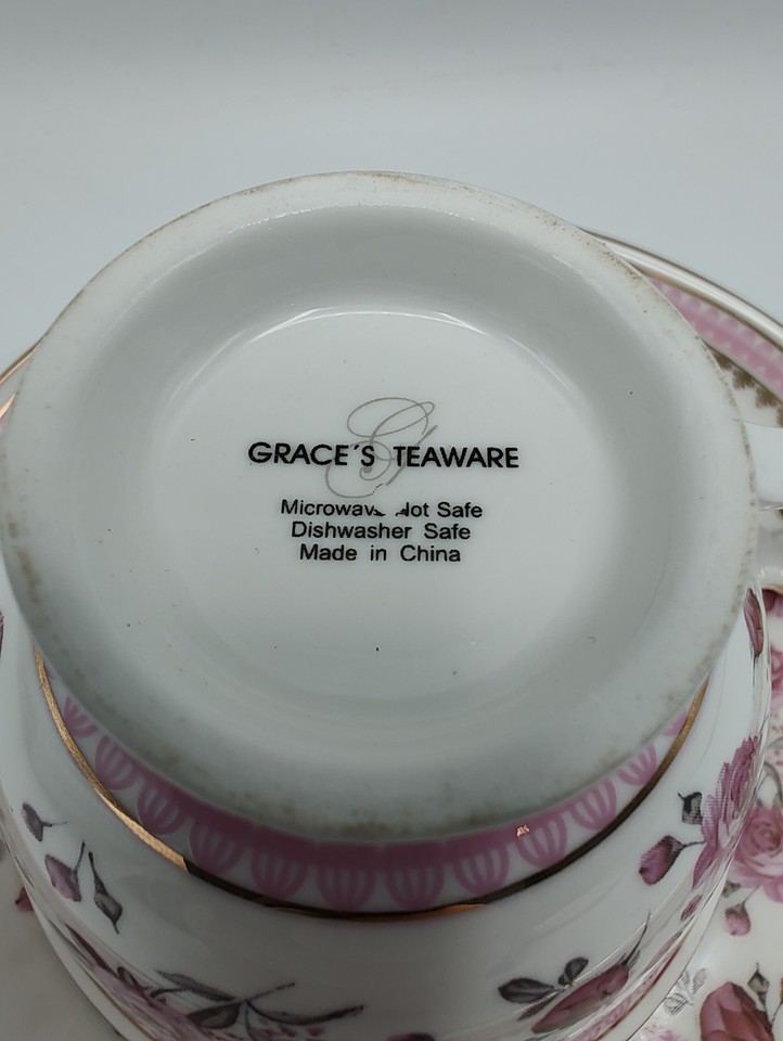Lovely Grace's Teaware Porcelain Pink And White Rose Teacup And Lattice ...