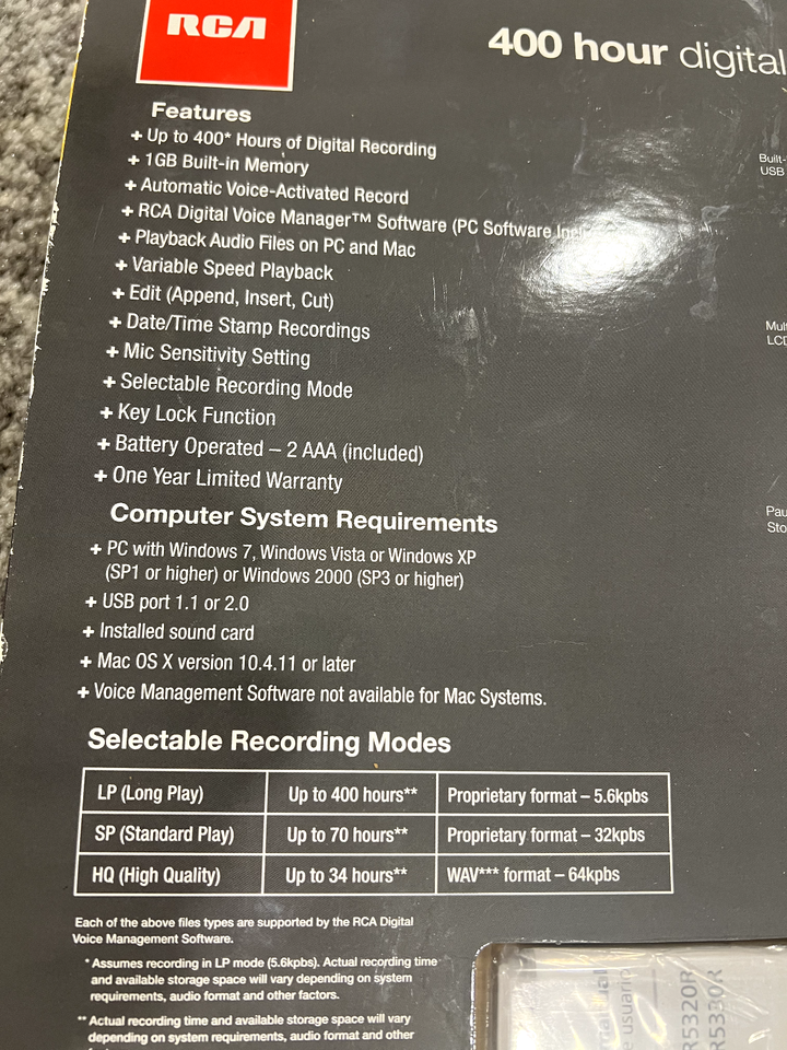 NEW RCA 1GB Digital Voice Recorder with Clip-on Mic USB Cable VR5321R ...
