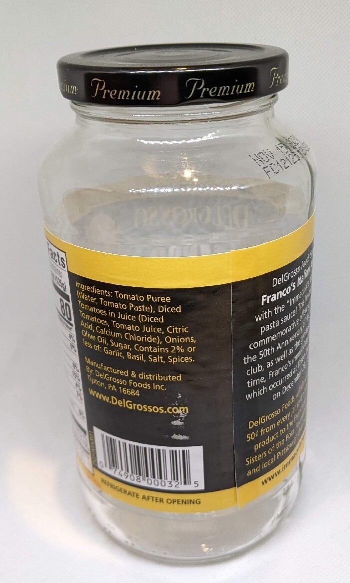 Franco Harris Immaculate Marinara Empty Pasta Sauce Jar DelGrosso ...