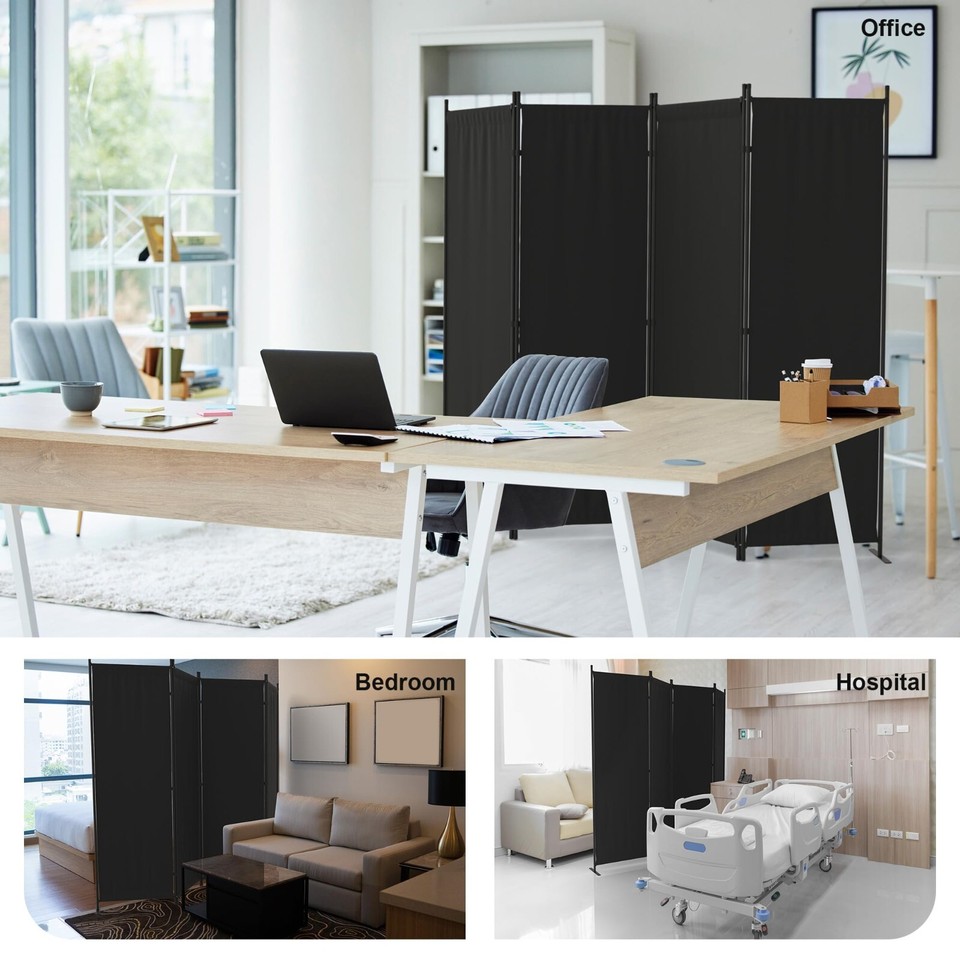 Black 4 Panel Folding Privacy Screen 88" Room Divider Panel For Office ...