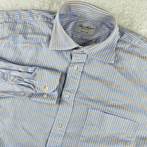 BEN SILVER Charleston Shirtings Men Large Light Blue White Striped ...