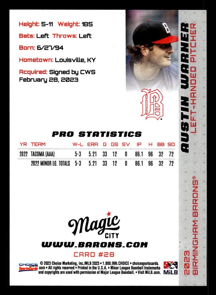 Austin Warner 2023 Choice Birmingham Barons #28 Birmingham Barons | eBay