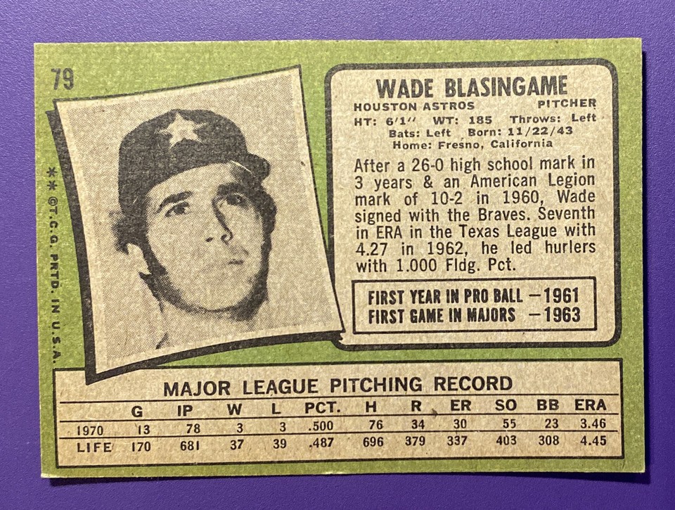 Wade Blasingame 1971 #79 Topps Baseball Card - Super Nice - Excellent ...