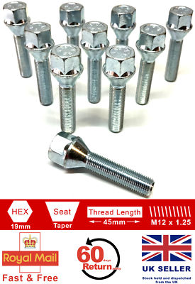 10 x M12 x 1.25 45mm extended thread 19mm Hex alloy wheel bolts for ...