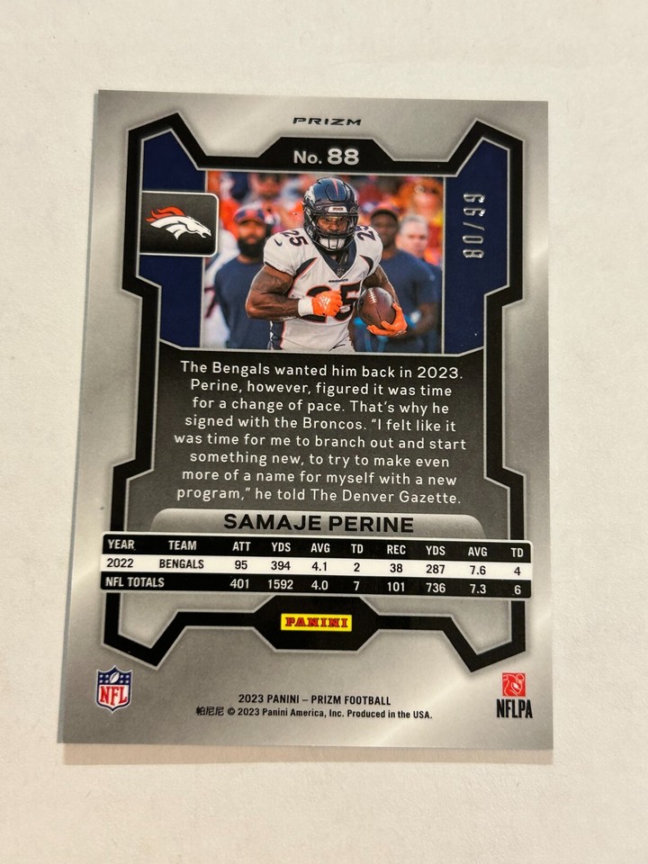 2023 PANINI PRIZM SAMAJE PERINE 80/99 BLUE ICE BRONCOS SP | eBay