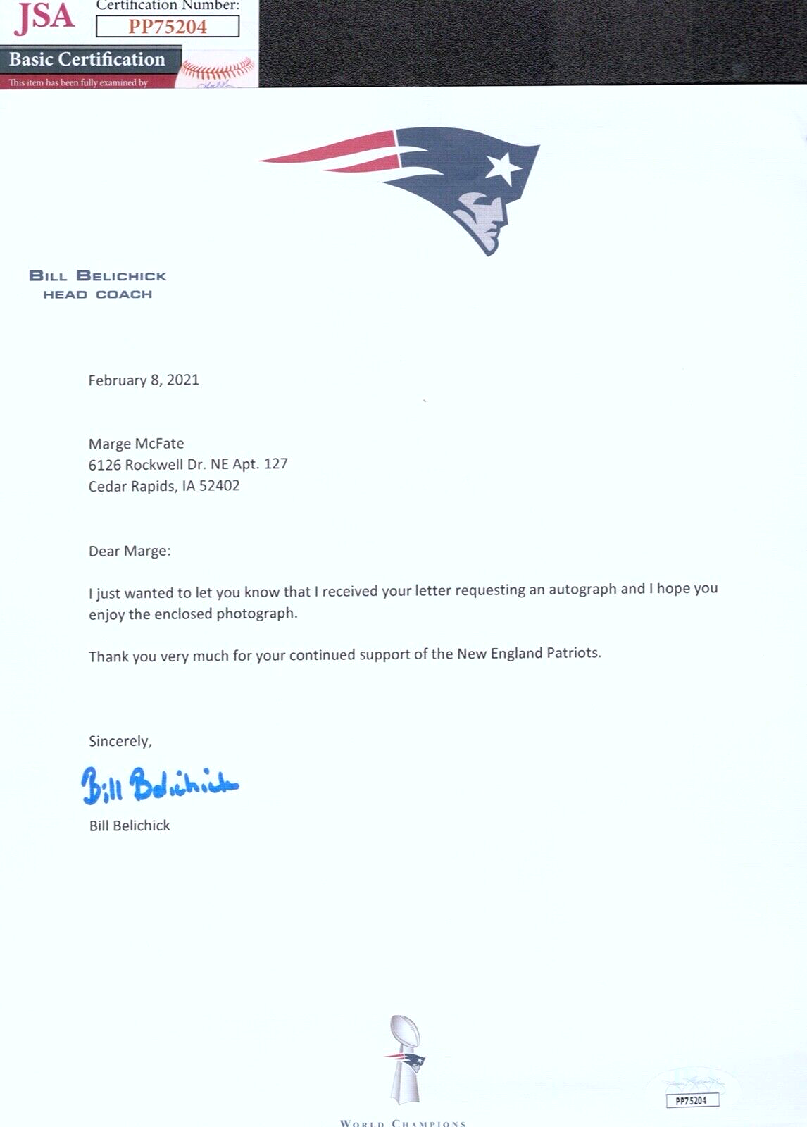 BILL BELICHICK Signed Autograph Letter NFL NEW ENGLAND PATRIOTS JSA COA ...