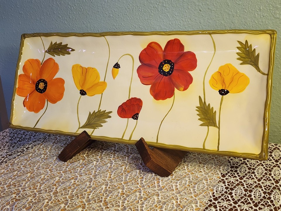 Clay Art Poppies Design Serving Tray Red/Orange, 14" Square, Hand ...