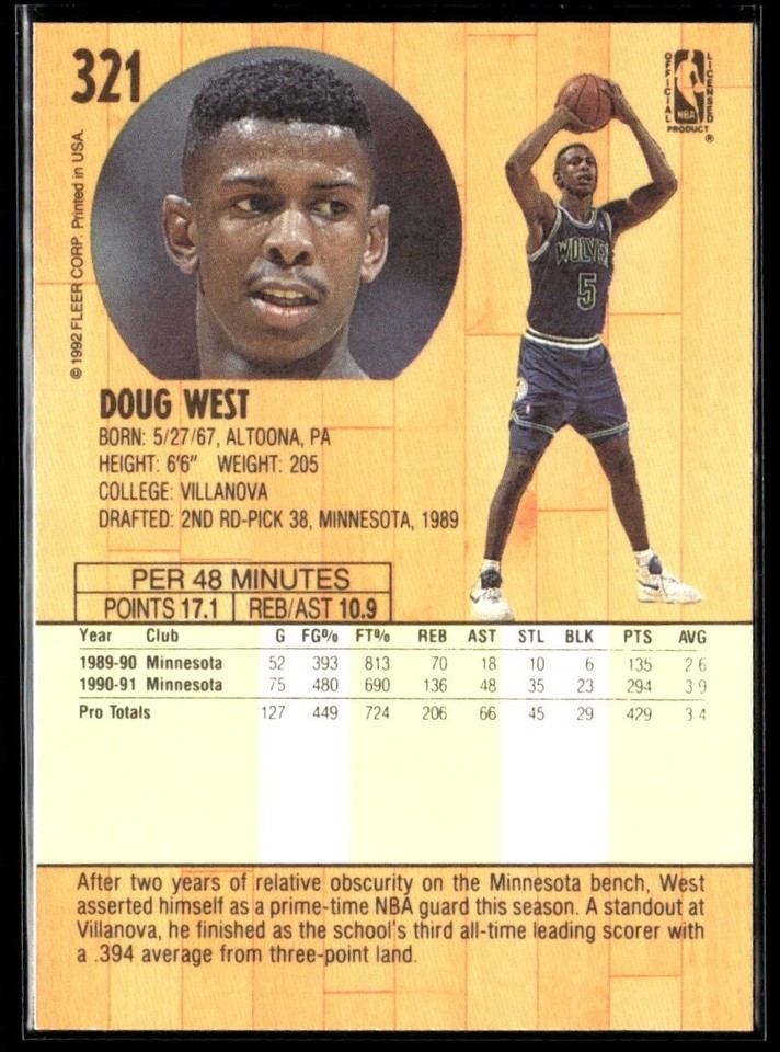 1991-92 Fleer Doug West Minnesota Timberwolves #321 | eBay UK
