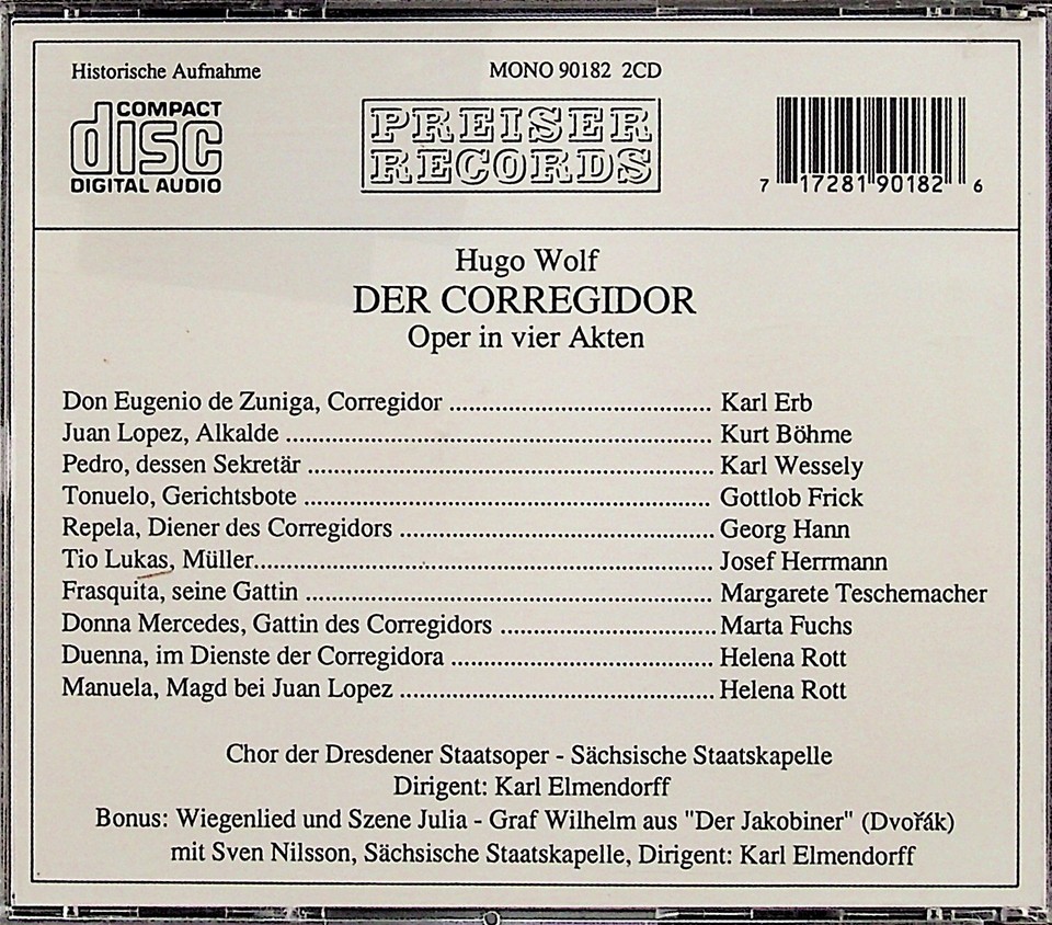 HUGO WOLF- Der Corregidor ELMENDORFF Teschemacher/Fuchs/Erb/Frick 2-CD ...