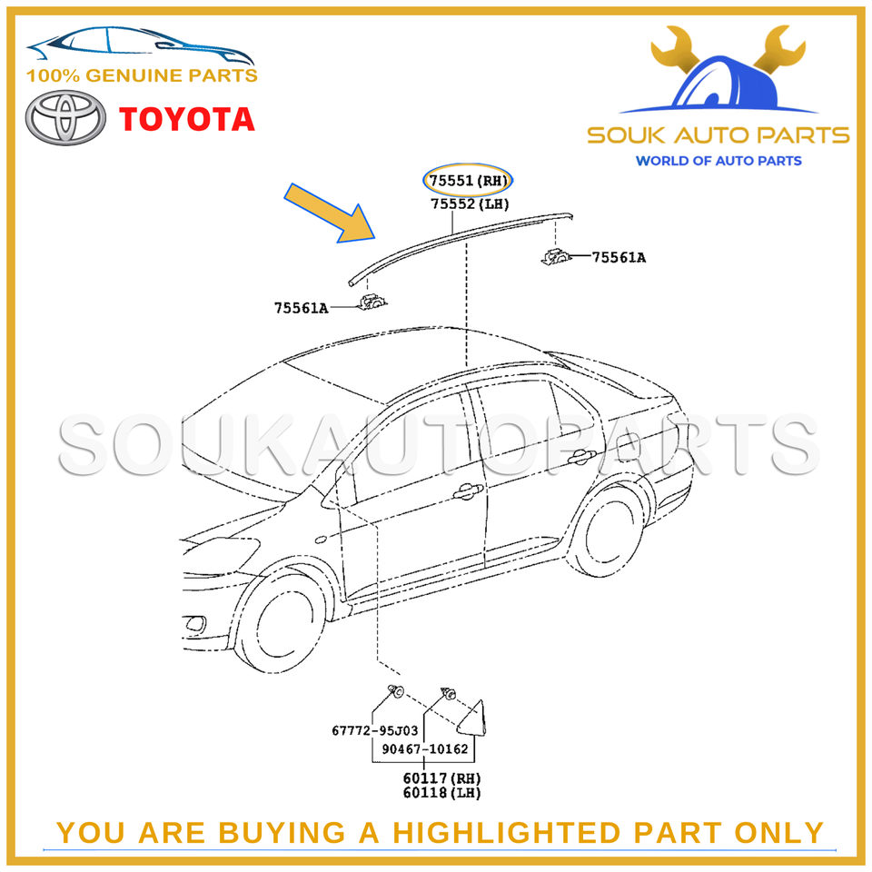 75551-52160 GENUINE TOYOTA ROOF DRIP SIDE FINISH MOULDING, RH ...