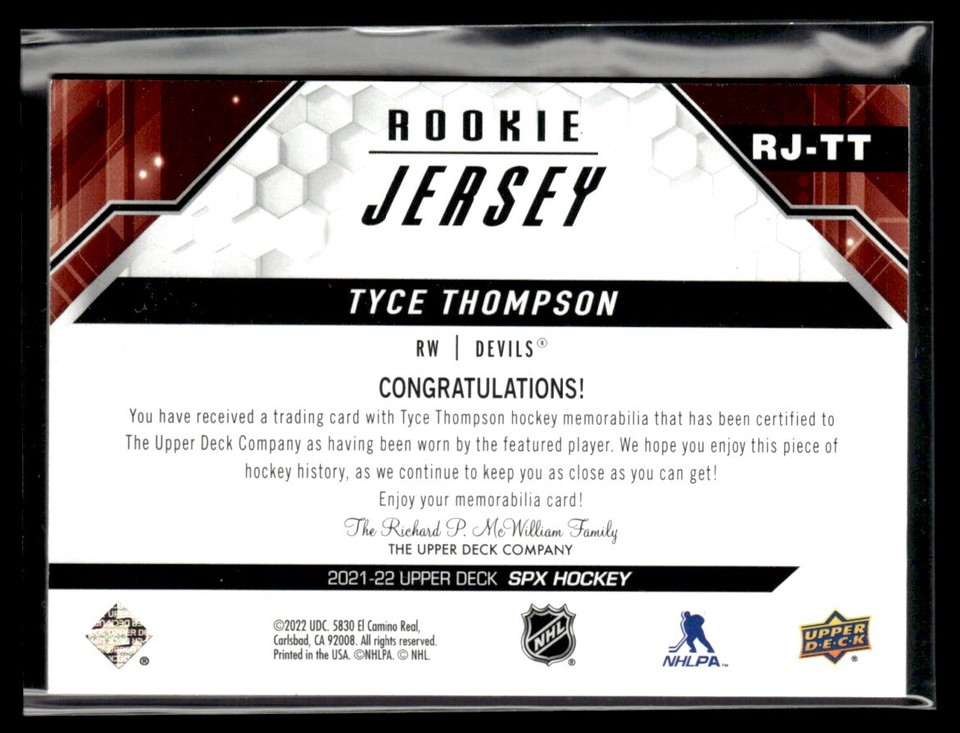 2021-22 SPx Rookie Jersey Tyce Thompson New Jersey Devils #RJ-TT | eBay
