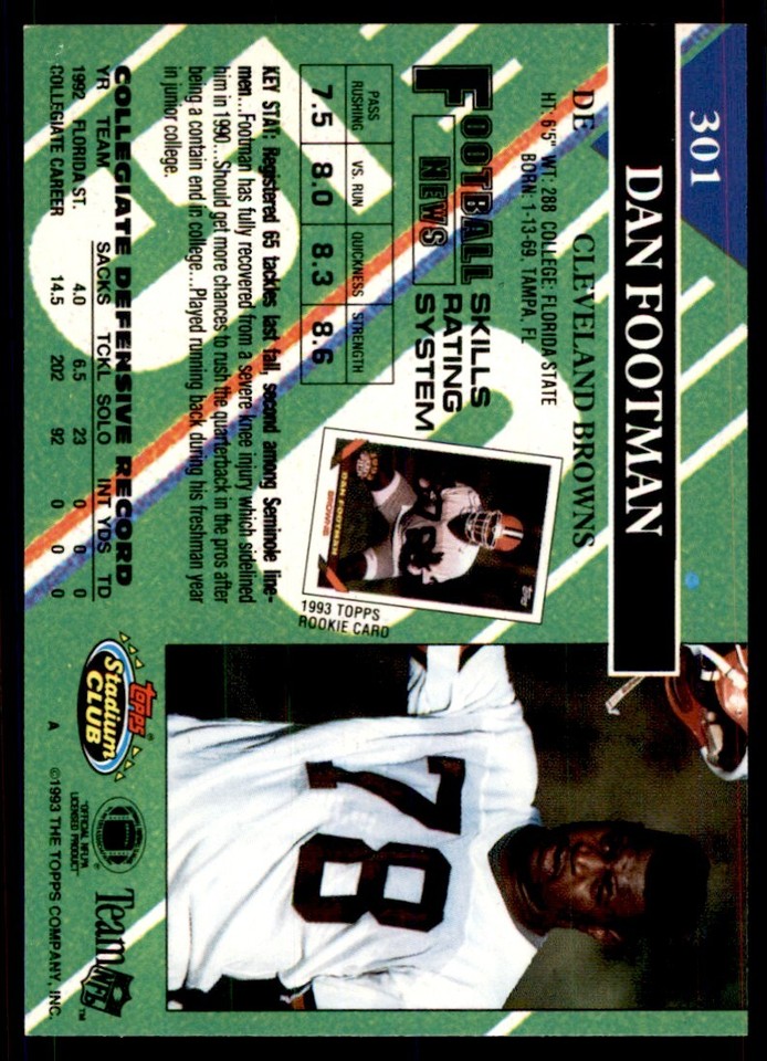 1993 STADIUM CLUB* DAN FOOTMAN CLEVELAND BROWNS. #301 | eBay