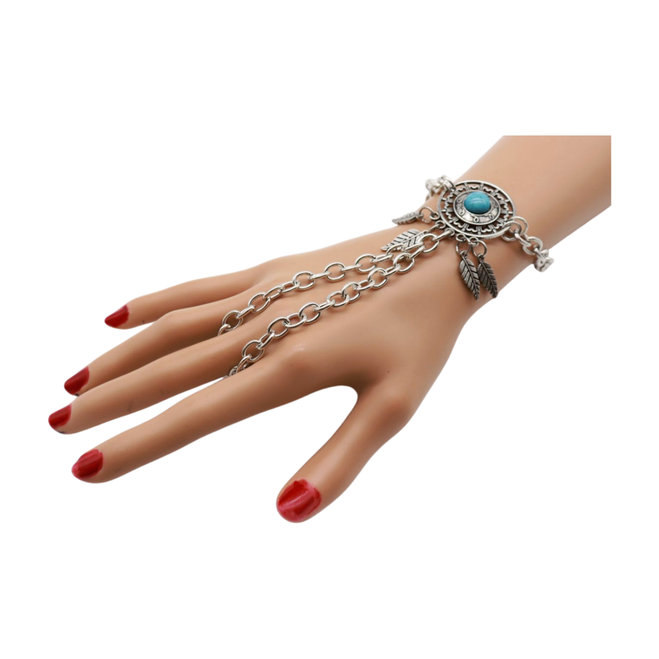 Women Silver Metal Hand Chain Bracelet Connected Ring Turquoise ...