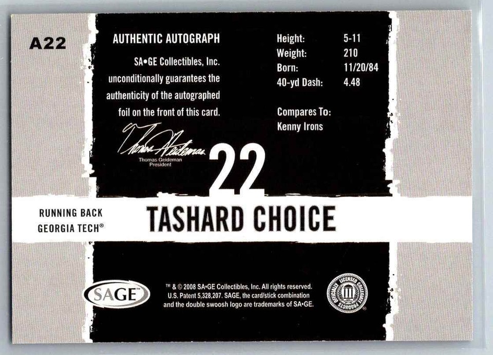 Tashard Choice 2008 SAGE HIT RC Autograph Rookie Auto #A22 Georgia Tech ...