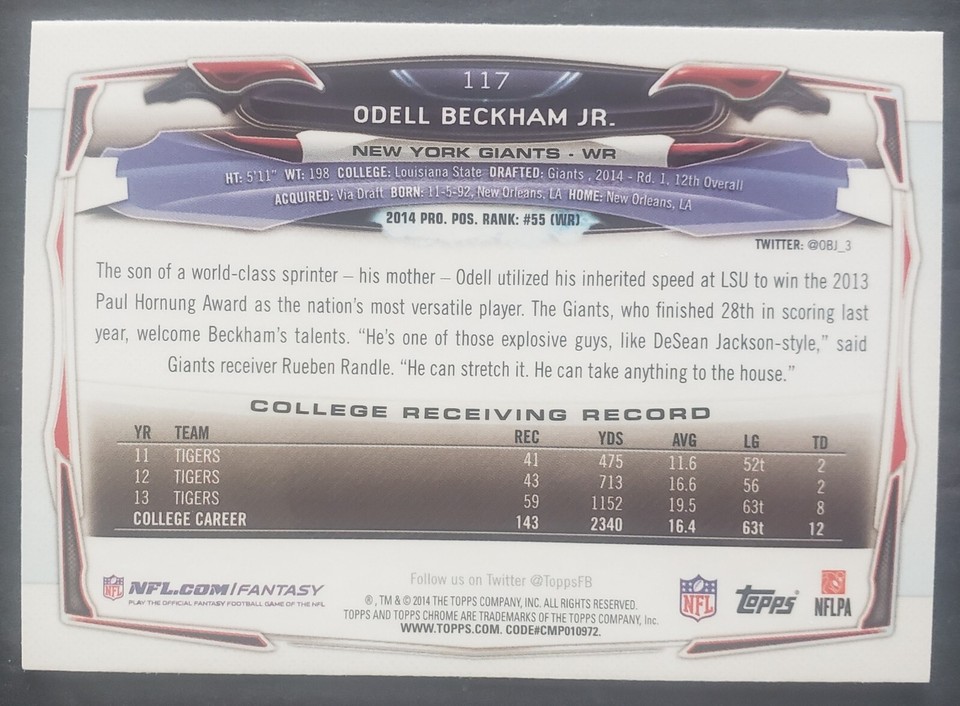 2014 TOPPS CHROME ODELL BECKHAM JR #117 SP SILVER ROOKIE CARD GIANTS ...