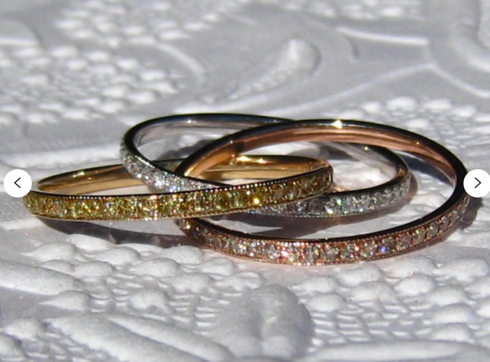 14K Gold Tri-Color Rolling Ring Milgrain, Diamond Eternity Ring ...