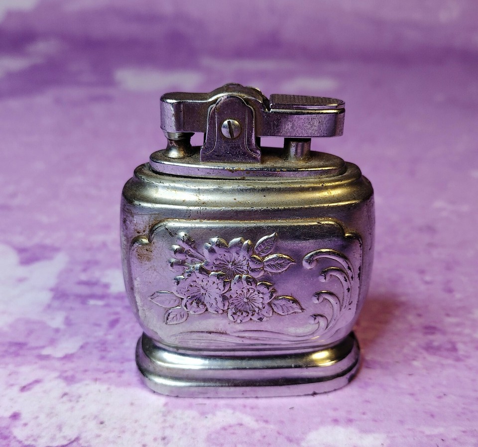 Table Top Lighter Floral Flower Design Silver Metal Vintage 2 Piece ...