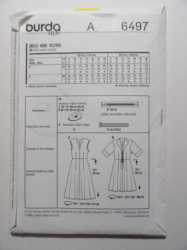 Burda 6497 Misses Sz 8-20 Dress w/ Style Variations Sewing Pattern FF ...