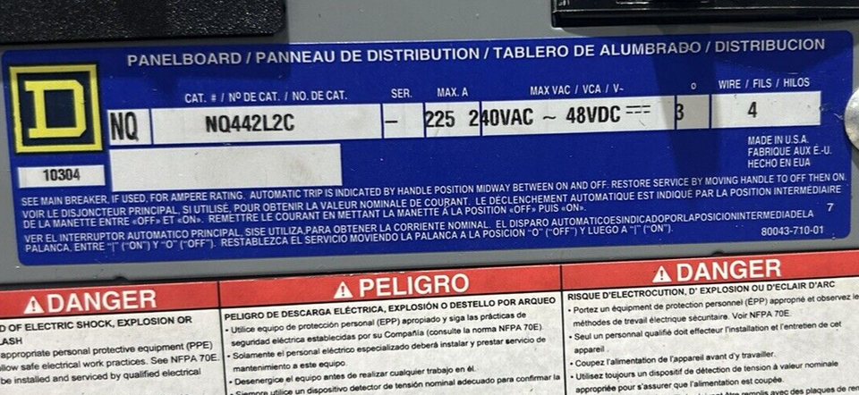 Square D 225A MAIN, 240VAC/48VDC, 3Ph 4W Cat. NQ442L2C w/ Add-On MB Kit ...