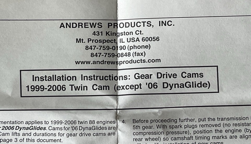 288126G ANDREWS 26G Gear Drive Cams for 1999 to 2006 Harley TC except ...