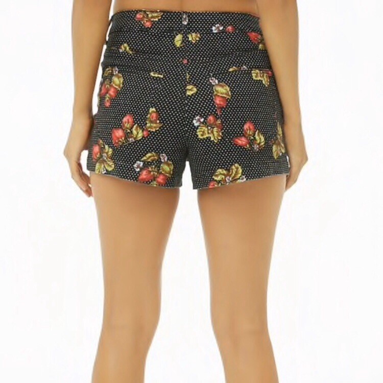 NWT Forever 21 Black Strawberry Print Pin Dot Denim Shorts Polka Dot ...